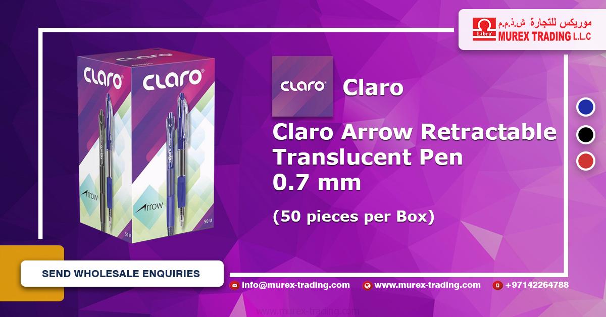 Claro Arrow Retractable Translucent Pen 0.7 mm (50 pieces per Box) - Murex General Trading LLC